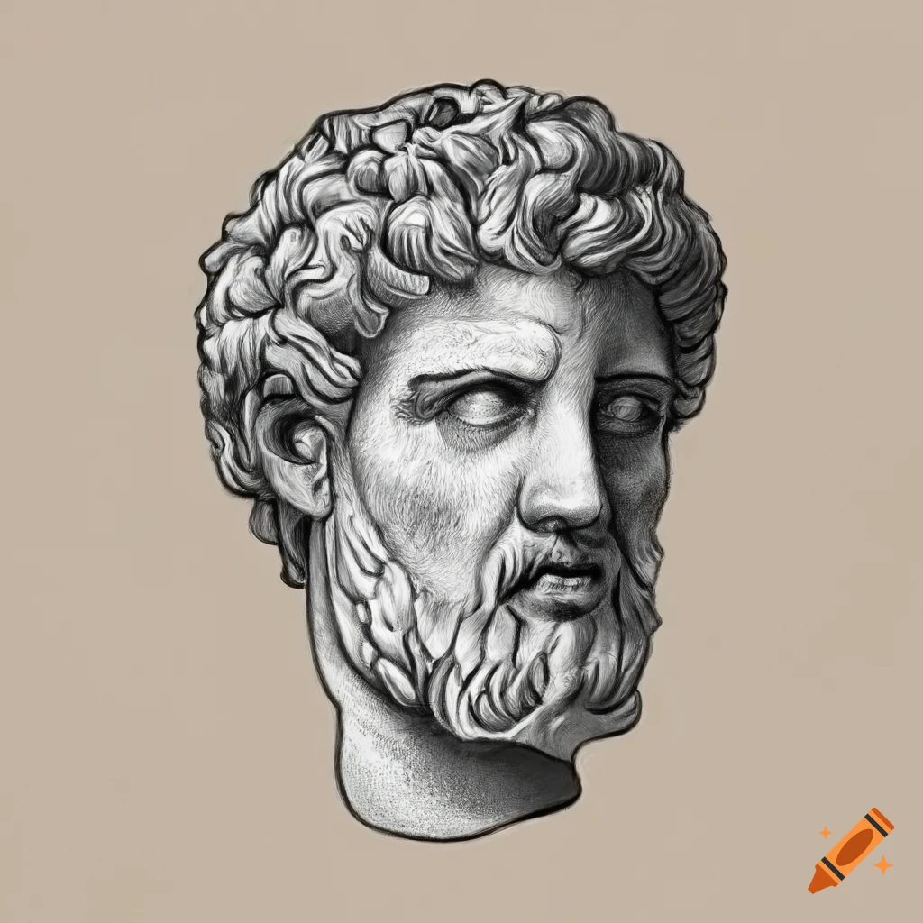 Portrait of platon's stoic face in pencil drawing with classical greek ...