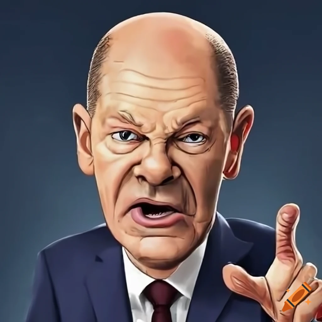 Satirical cartoon of Chancellor Olaf Scholz delivering a powerful ...
