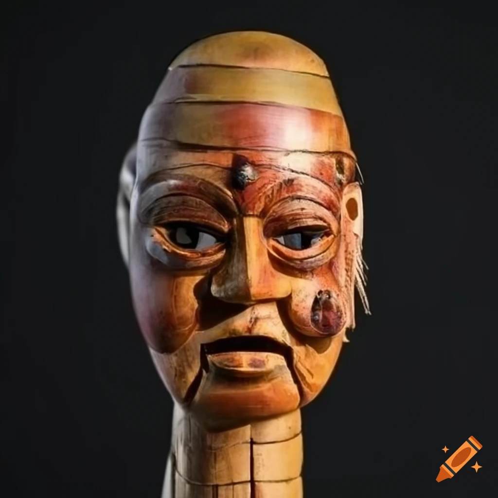 Intricately hand-carved wooden puppet head on Craiyon