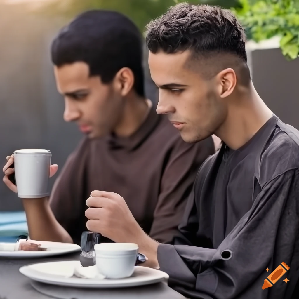 Group of men with Arabic features drinking coffee on a sunny patio on ...