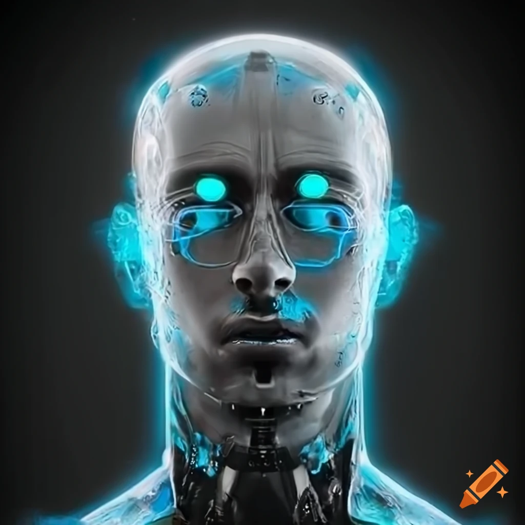 Cyborg in transparent acrylic shirt with glowing blue lights on Craiyon