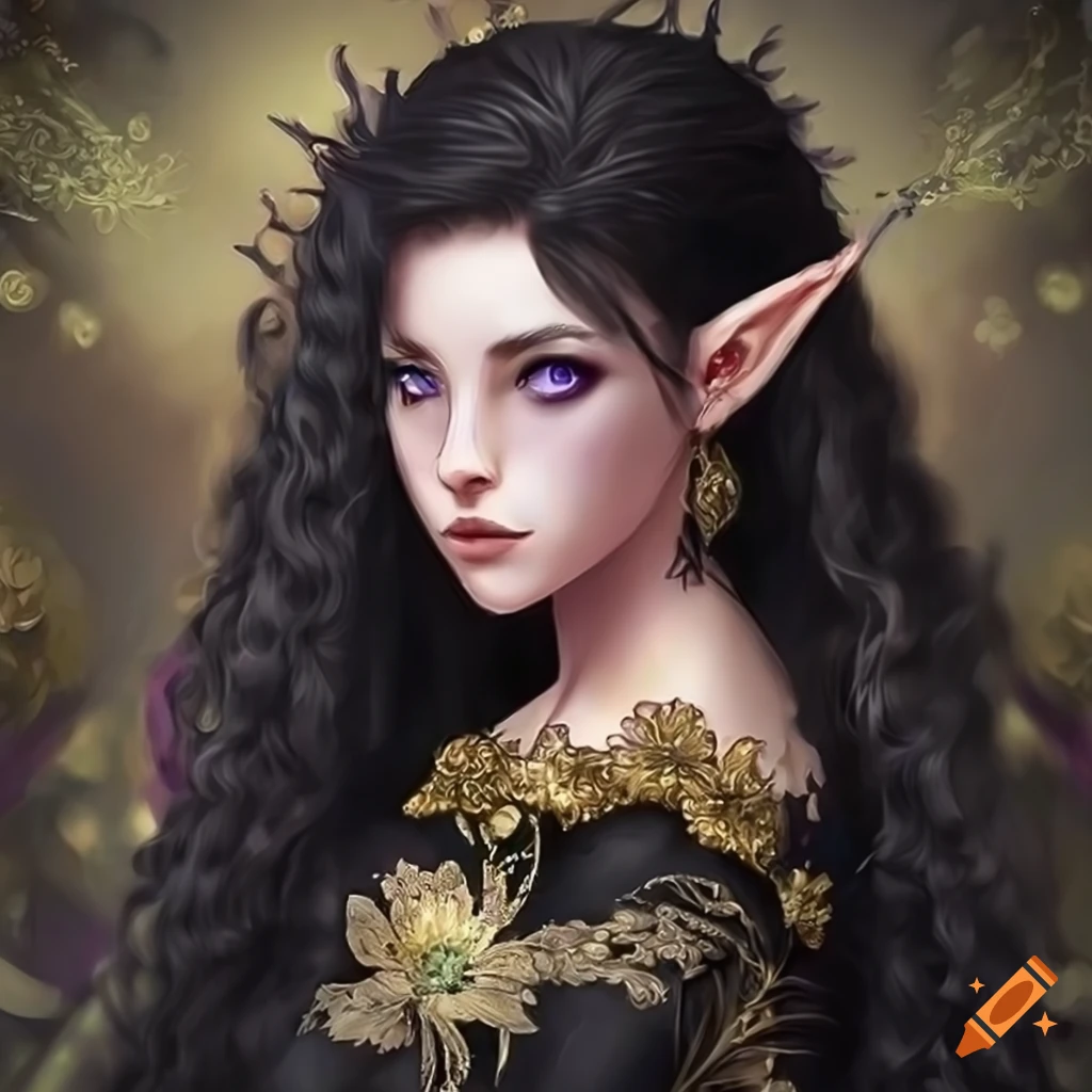 Portrait of a young elven princess with black hair and violet eyes in a ...