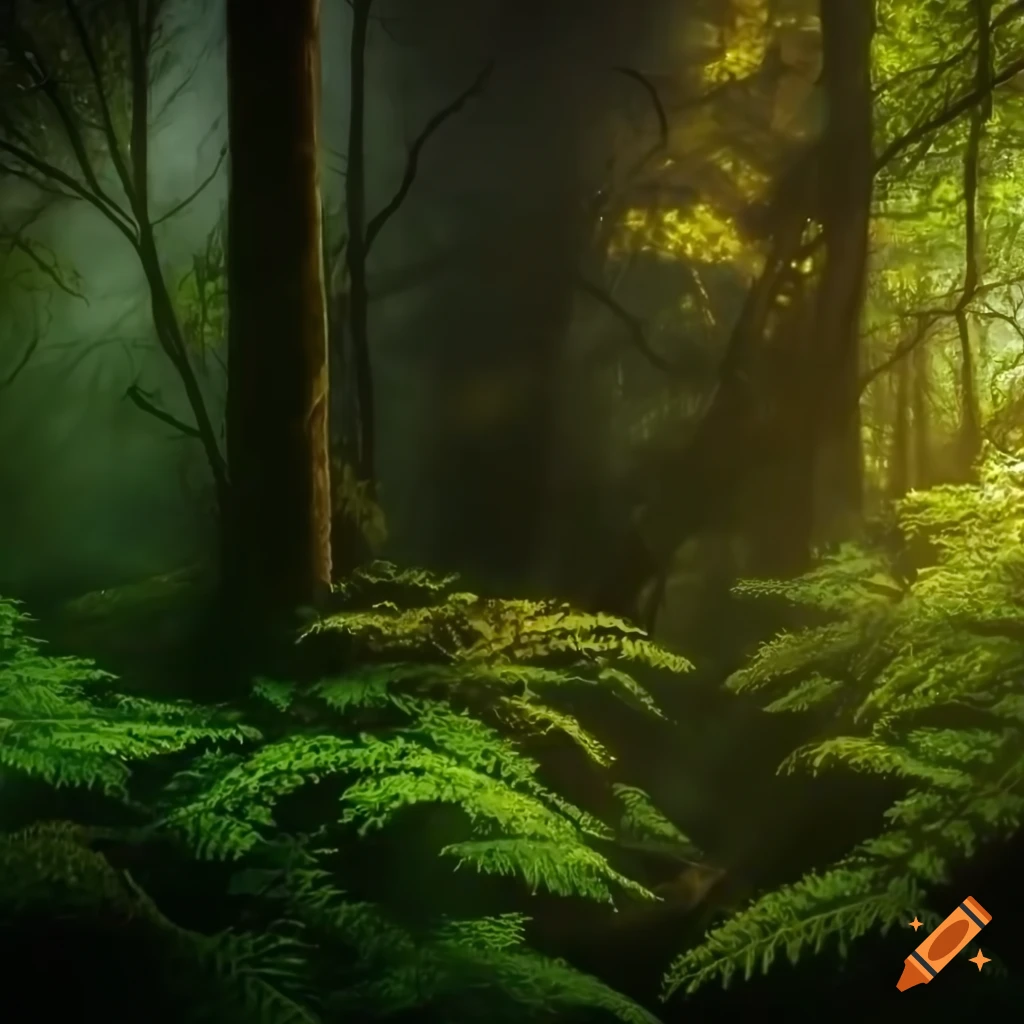 Enchanted dark forest with glowing flowers and pale sunrays on Craiyon