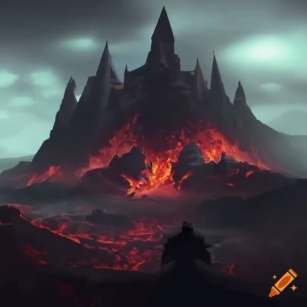 Enchanting fairytale scene of volcanic mountains with a demon castle ...