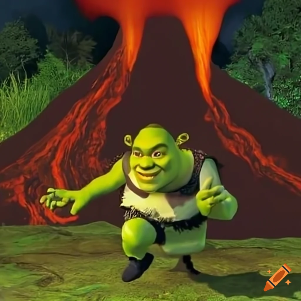 Terrified shrek running from an active volcano on a monkey island on ...