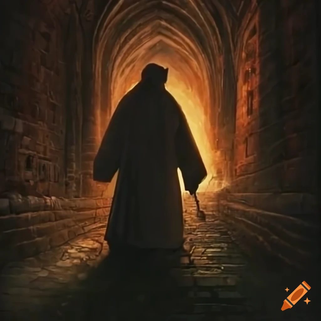 Rainy and sad medieval castle walkways with torches and homeless monks ...