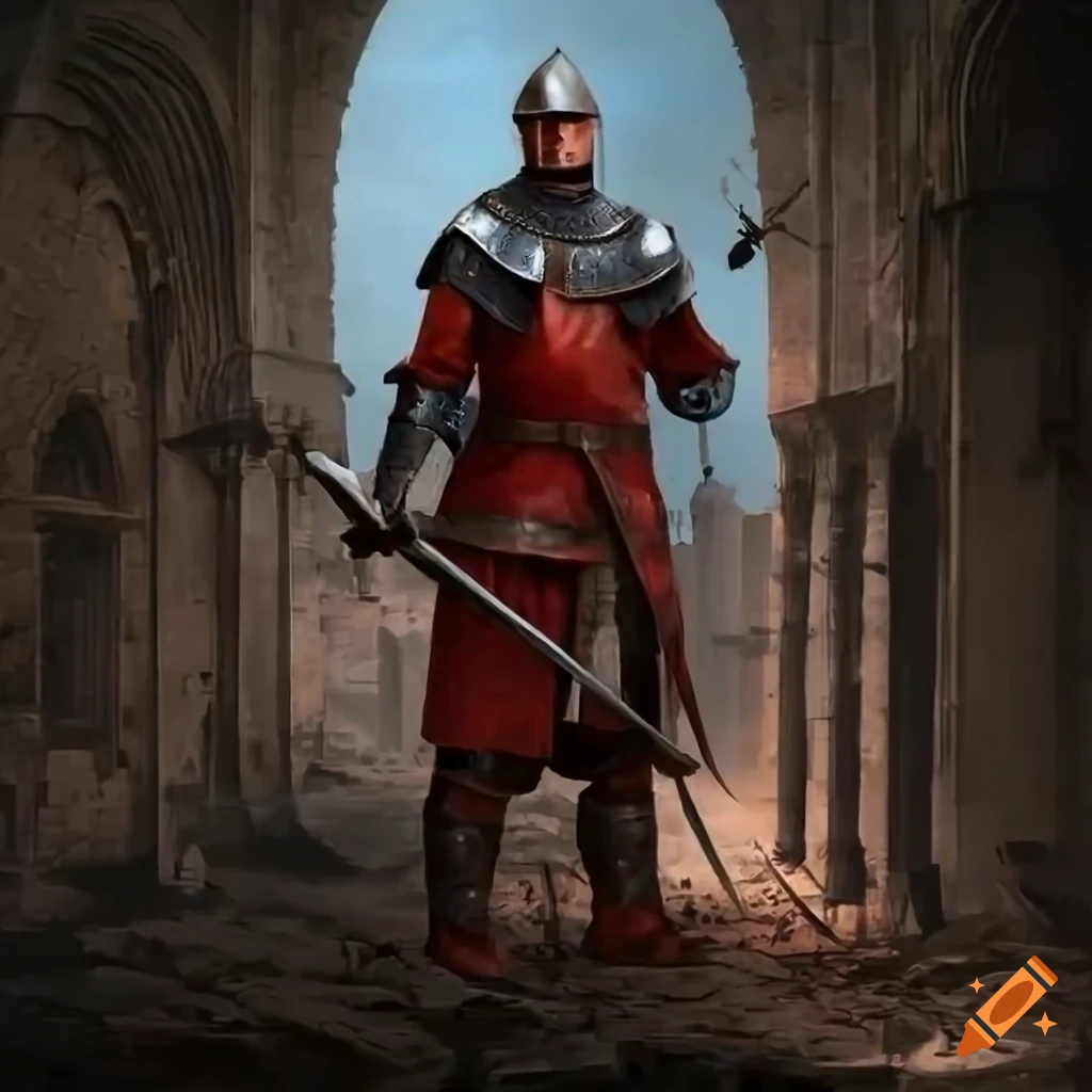 Noble soldier in red and blue livery with greatsword in ruined medieval ...