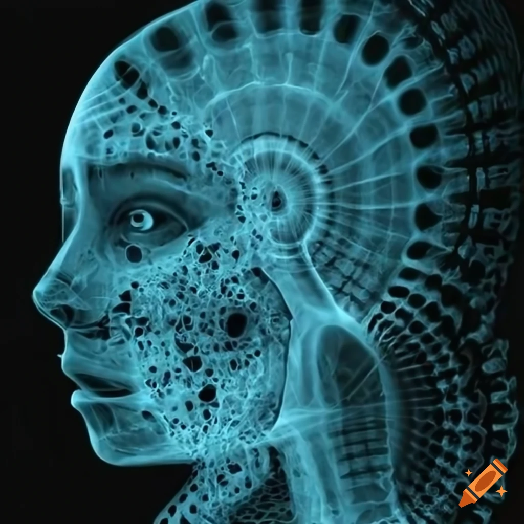 Abstract digital artwork of a human face mutation in a technological x ...