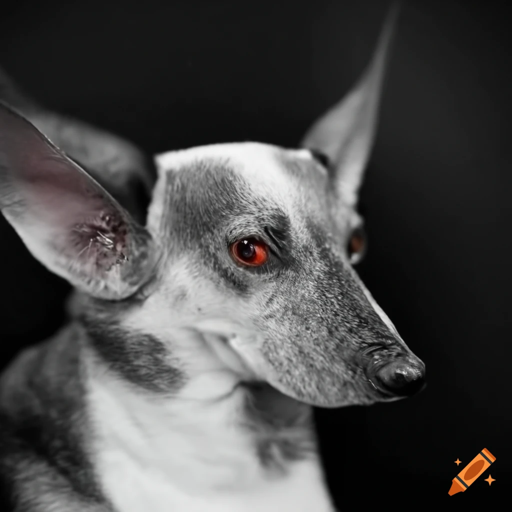 Vampire dog with bat wings and sharp fangs in black and white on Craiyon