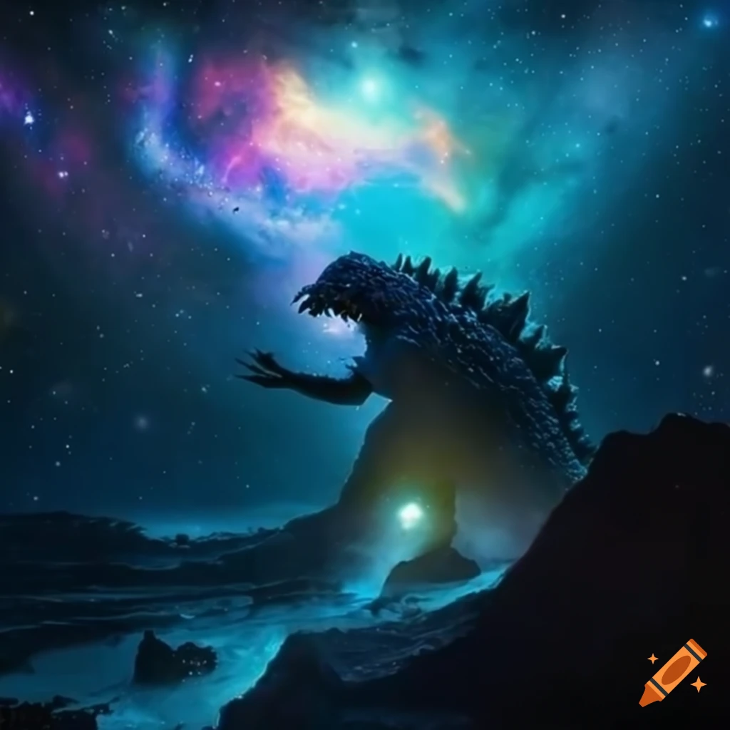 Cosmic landscape with a giant Godzilla-like galaxy creature on Craiyon