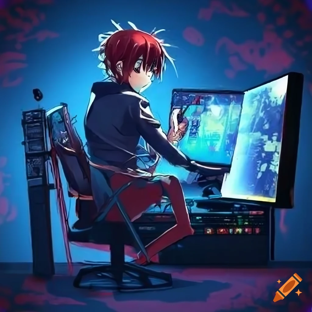 Anime-style software engineer engrossed in computer work at a gaming ...