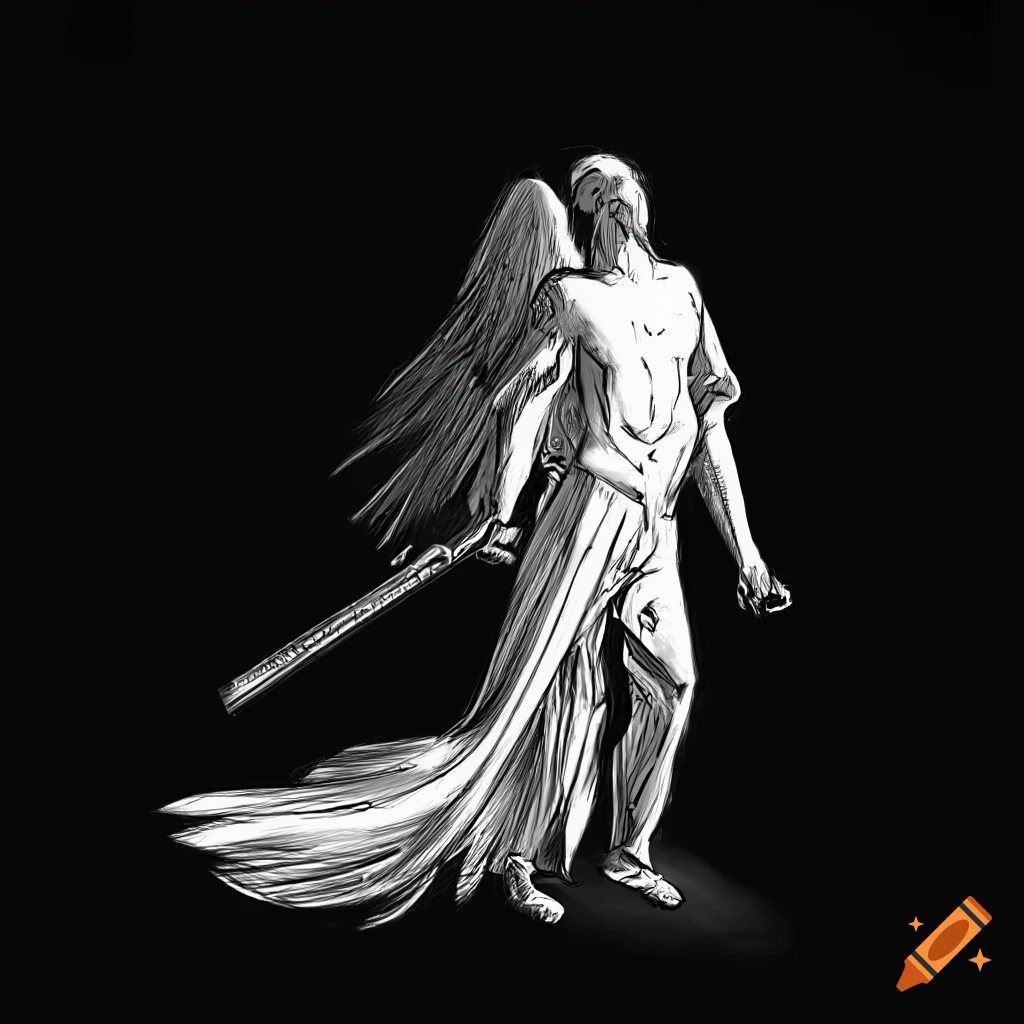 Sad angel holding a longsword in scratchy pencil drawing with Da Vinci ...