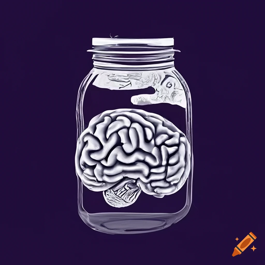 Vintage medical illustration of a brain in a glass jar with ...