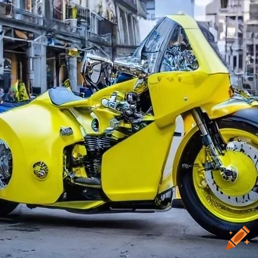 Yellow futuristic motorcycle with big neon tires in a biopunk future ...