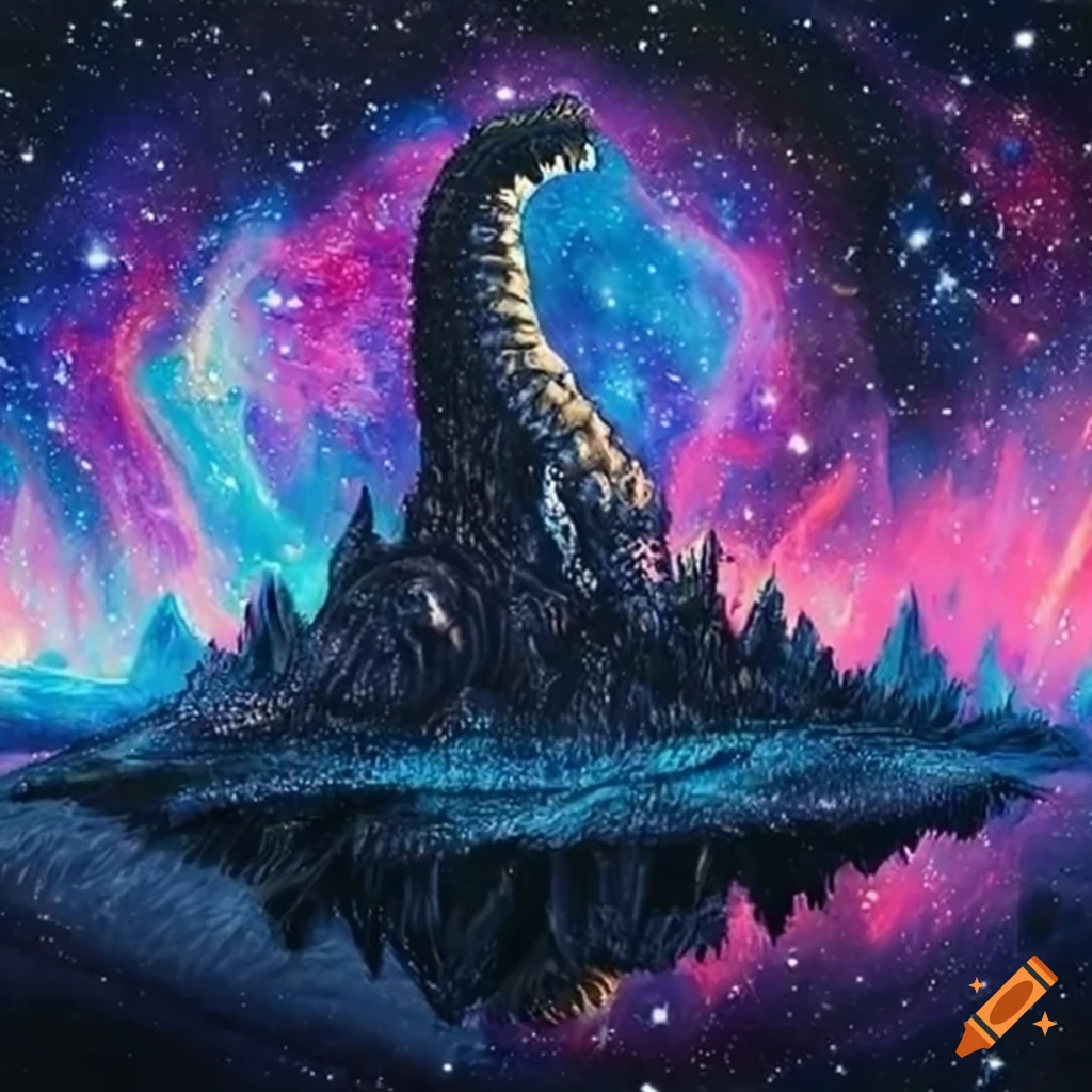 Cosmic landscape with a giant Godzilla-like galaxy creature on Craiyon