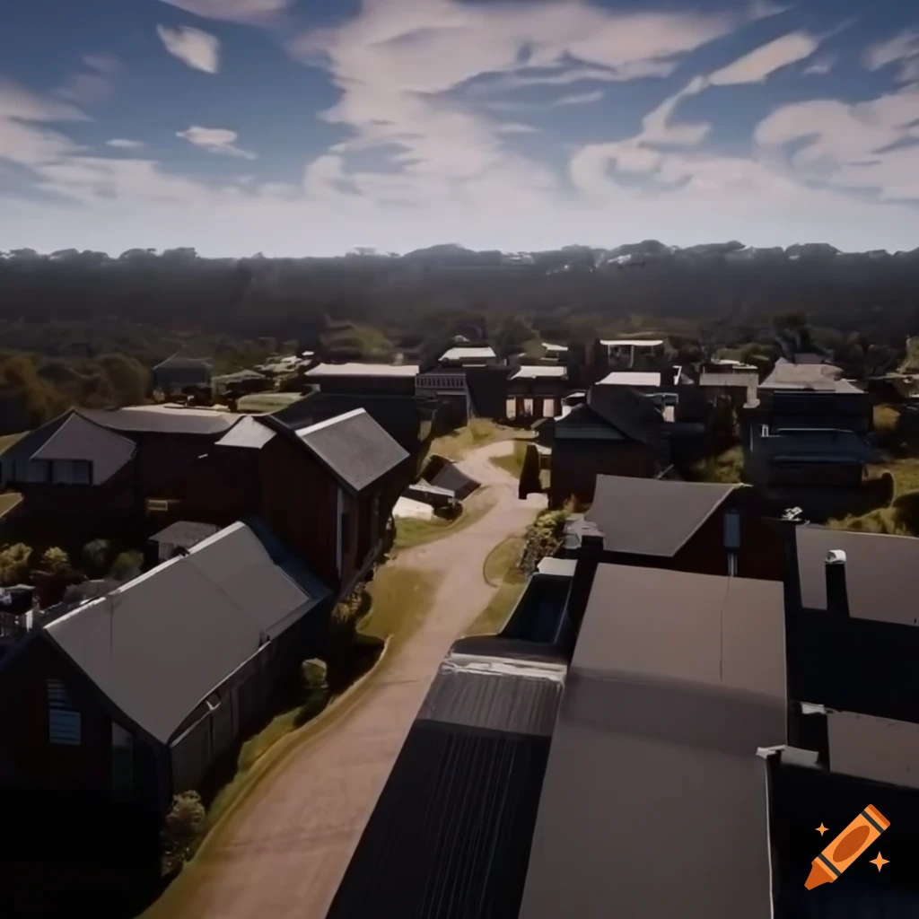 Aerial view of Australian-inspired sci-fi village with white houses ...