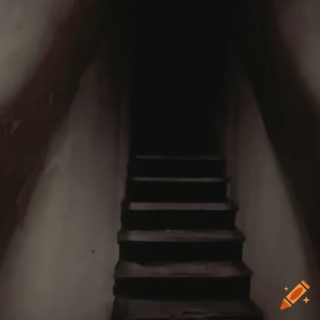 Descending dark and creepy stairs in a 1990s basement setting on Craiyon