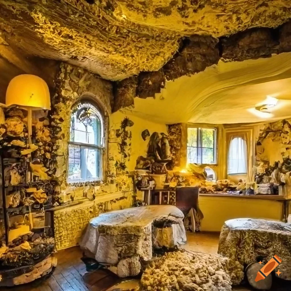 Interior of a mushroom house with yellow decor and lighting on Craiyon