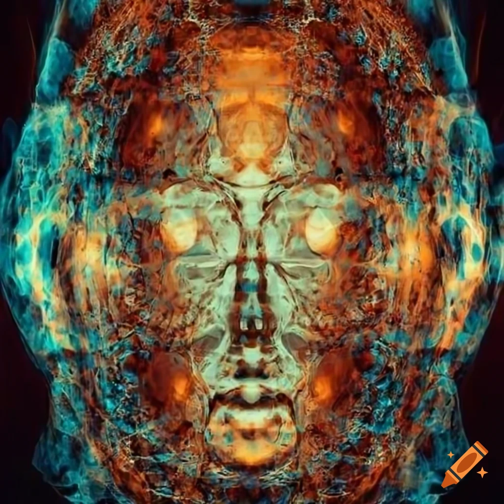Abstract digital artwork of a human face mutation with a technological ...