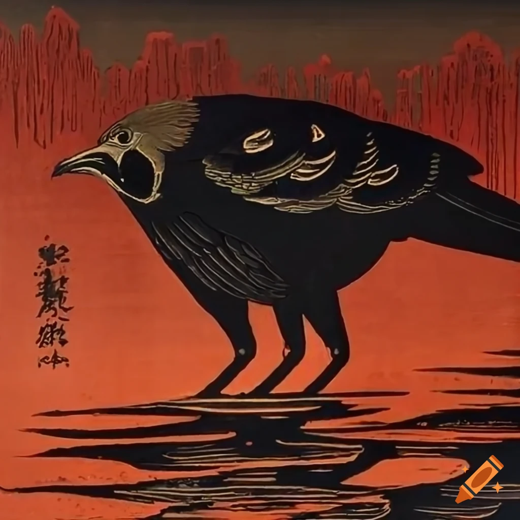 Japanese woodcut linoleum print of salish designs with various animals ...