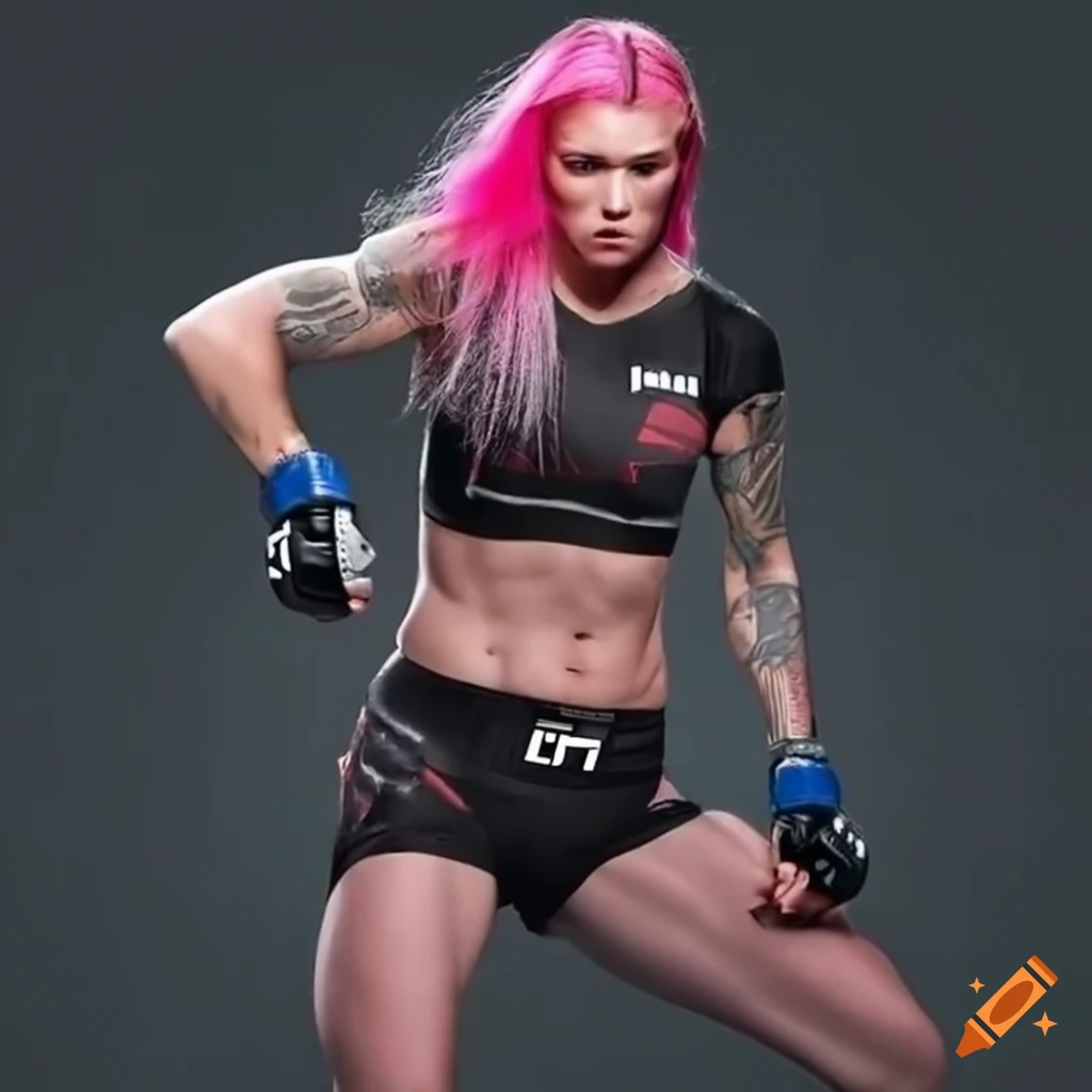Mia Blackbolt Ufc Fighter In Grey And Black Gear With Pink Hair On Craiyon