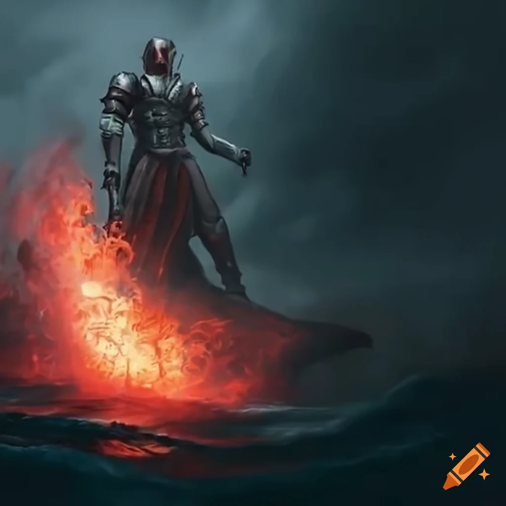 Kraken knight soldier battles a burning red demon on a stormy ocean on ...