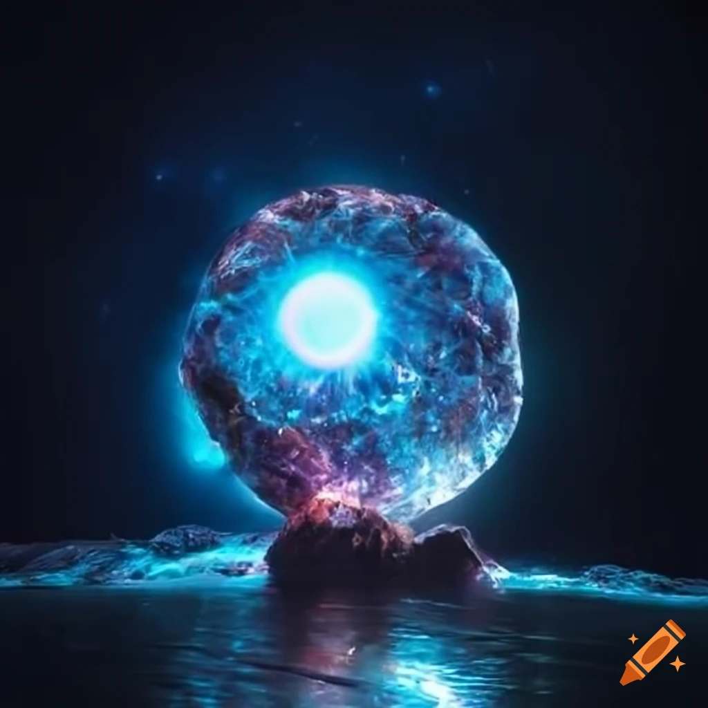 Aetherium Nexus Massive Crystal Orb on an island mountain top on Craiyon