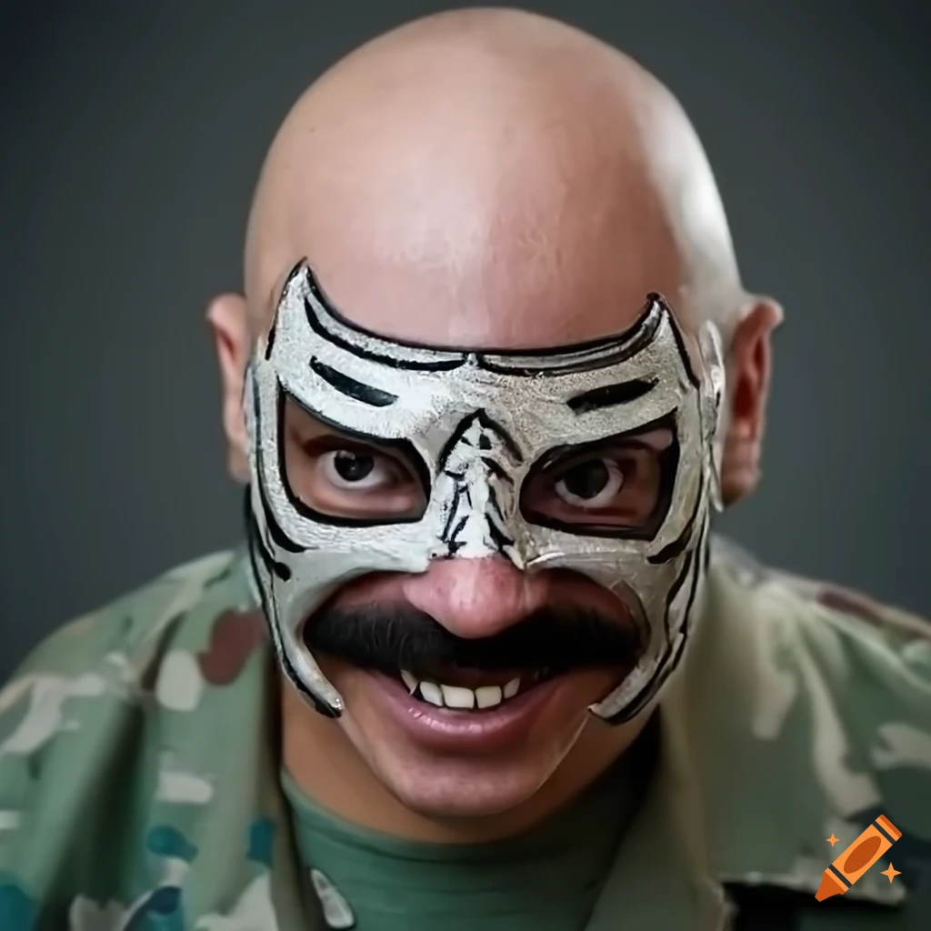 Bald smiling military luchador with mustache striking a macho pose on ...