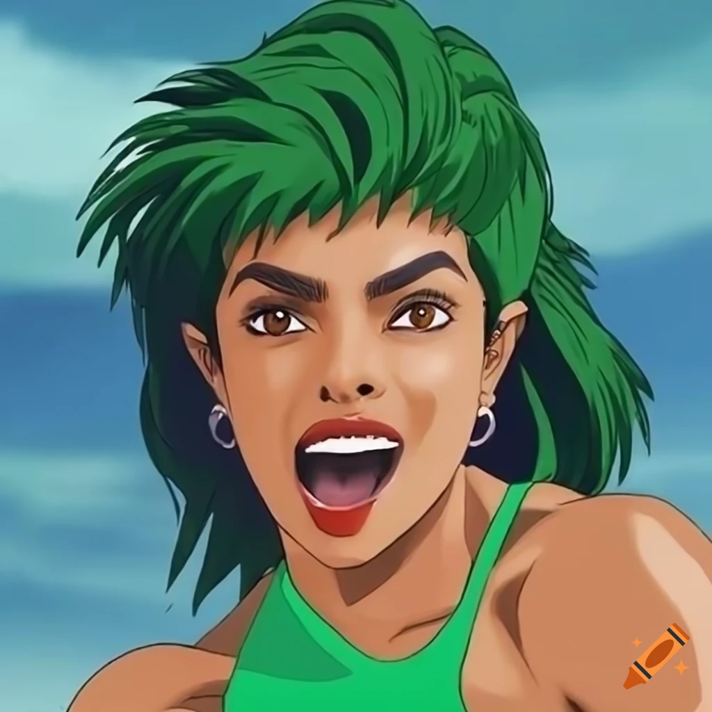 Female bodybuilder priyanka chopra laughing in a green one-piece ...