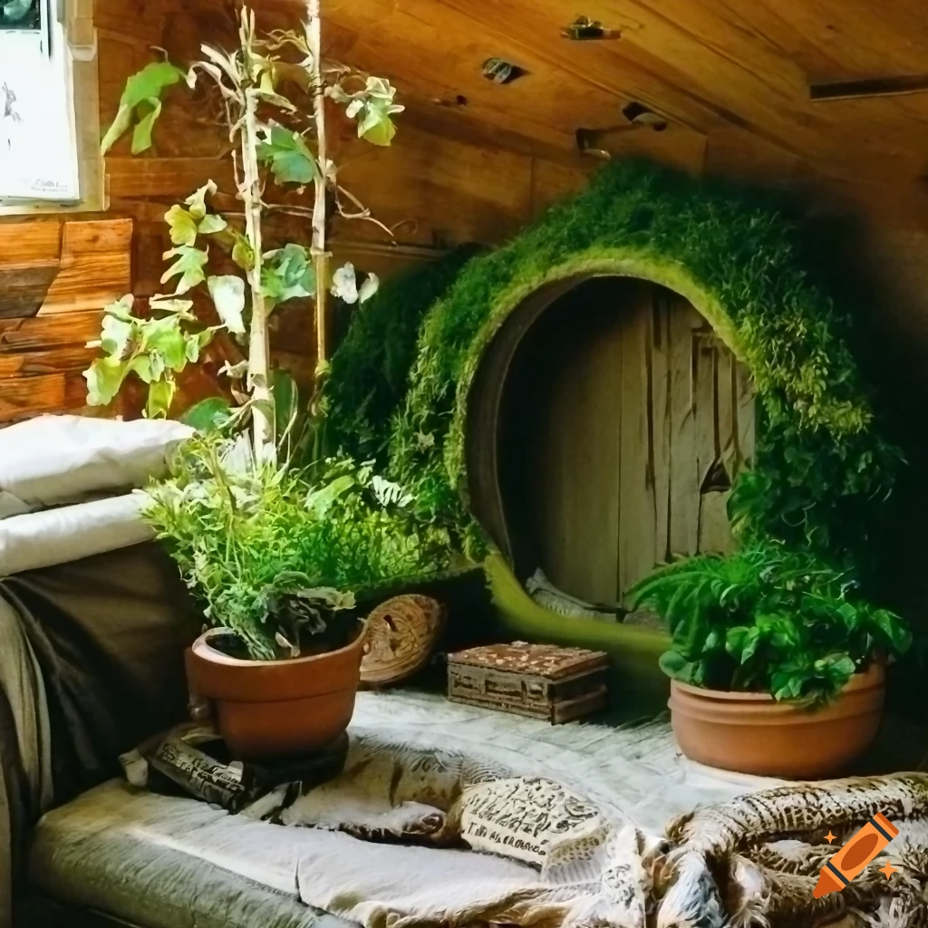 Cozy hobbit bedroom with bonsai plants and potted flowers on Craiyon