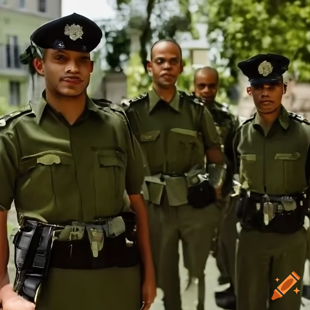 Group of men in olive green police uniforms posing outside on a sunny ...