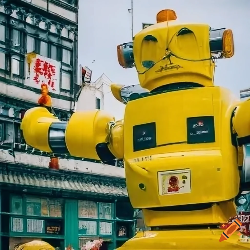 Giant yellow monster robot in chinatown, cinematic analog photography ...
