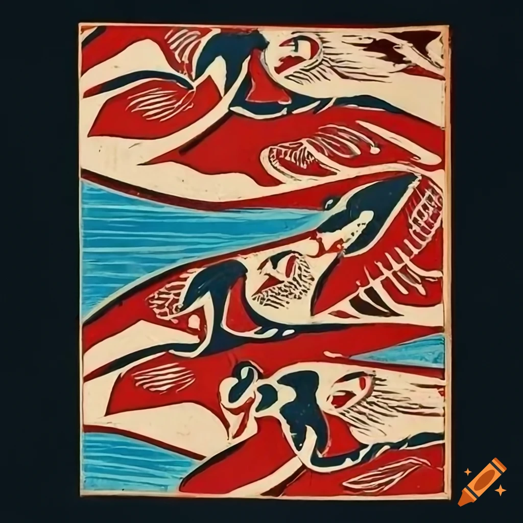 Japanese woodcut linoleum print of native Salish designs featuring ...