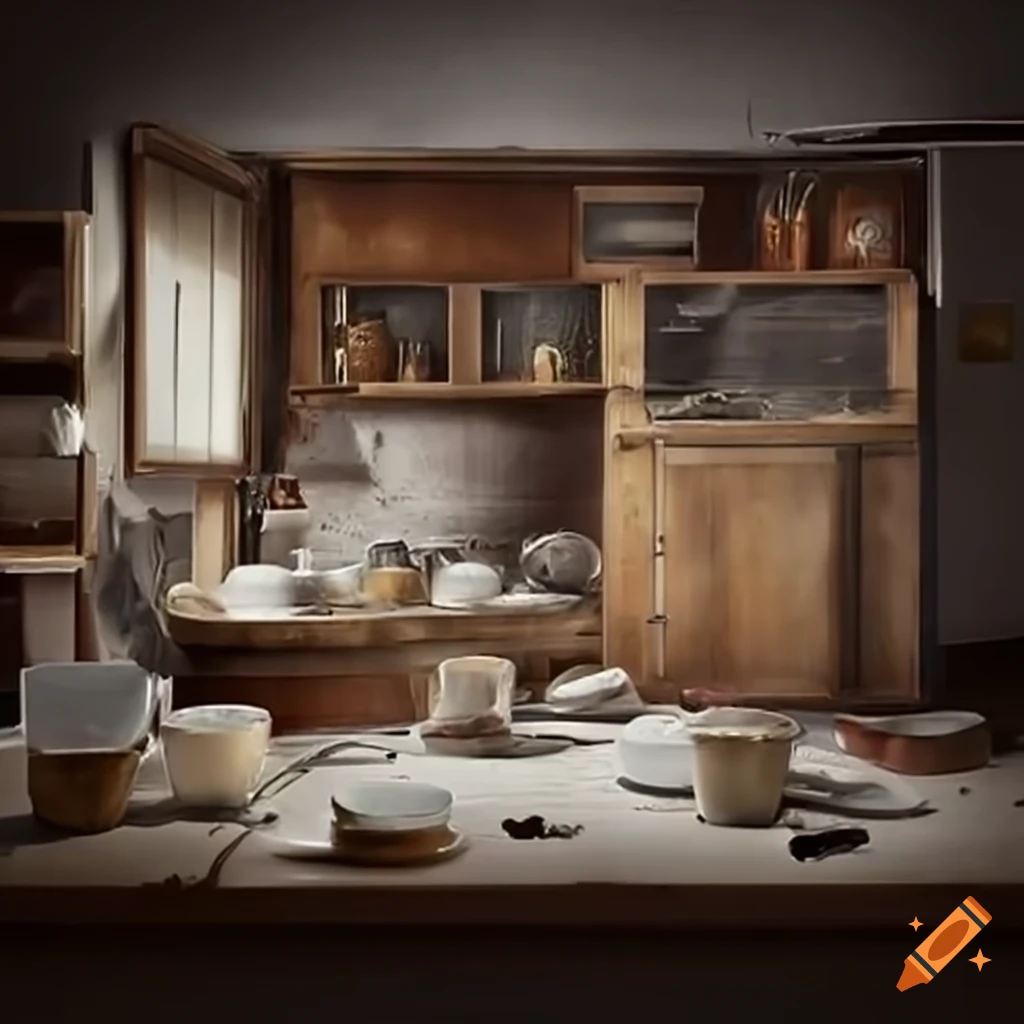 Realistic kitchen scene with broken dishes and spilled glass on Craiyon