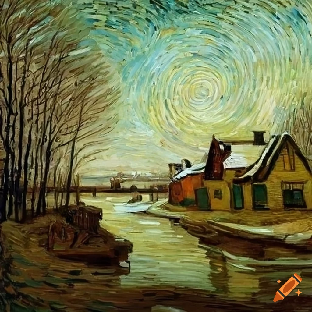 Winter landscape with a river and house painted in Van Gogh style on ...