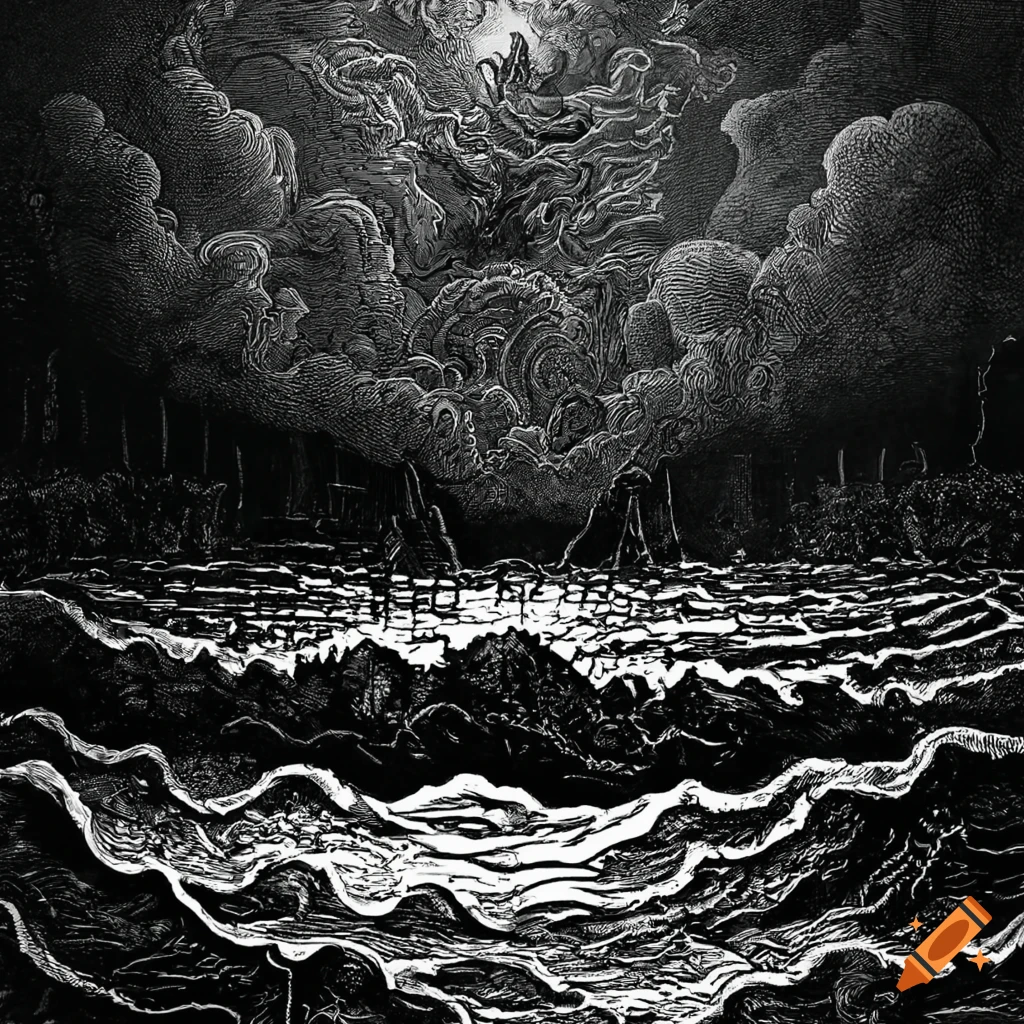 Non-Euclidean colossal black city in ocean waves, Gustave Doré black ...
