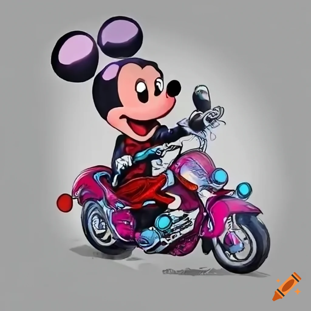 Mickey Mouse riding a motorcycle on Craiyon