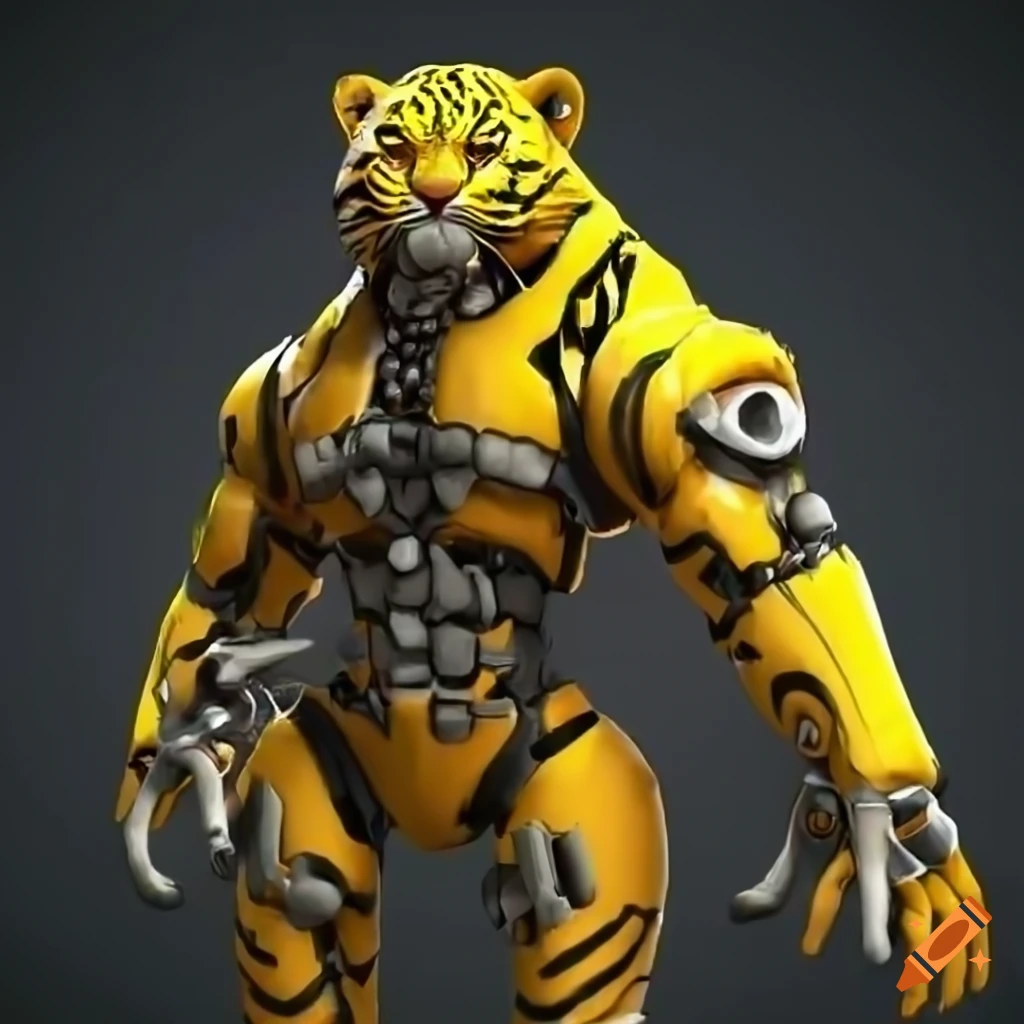 Mechanical bright yellow humanoid tiger golem in photorealistic style ...