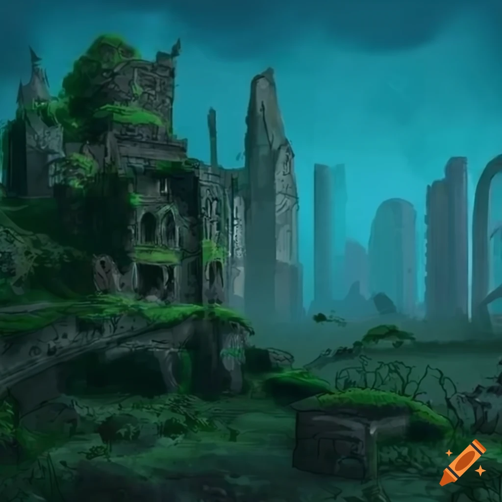 Post-apocalyptic landscape with overgrown vegetation and ancient ruins inspired by 'dr. stone ...