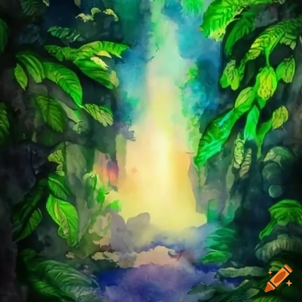 Magical pillar of light in dense jungle foliage reaching the sky on Craiyon