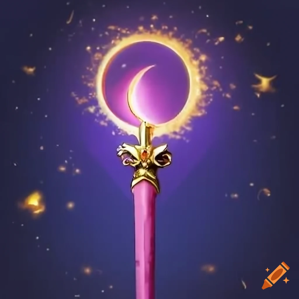 Sailor Moon's Moon Stick with golden crescent moon and halo on Craiyon
