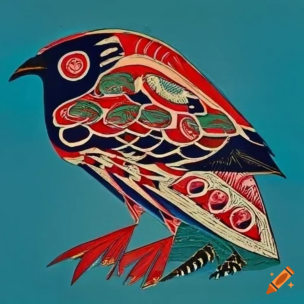 Japanese woodcut linoleum print with native Salish designs of Seahawks ...