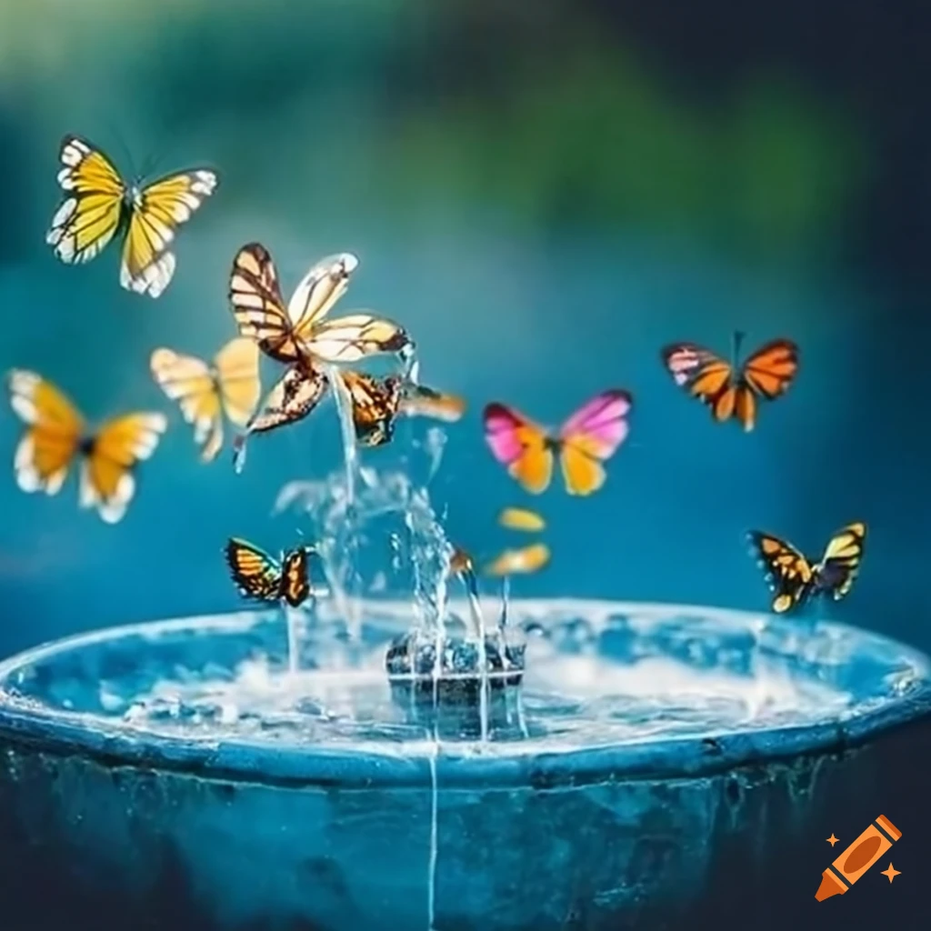 Water fountain with butterflies and crystal clear water on Craiyon