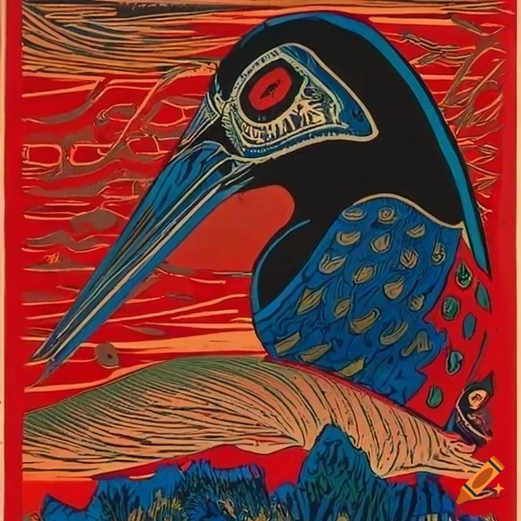 Japanese woodcut linoleum print of native Salish designs featuring ...