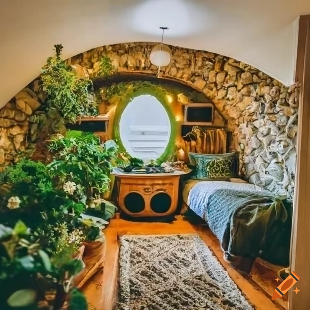 Cozy hobbit bedroom with plants and flowers on Craiyon