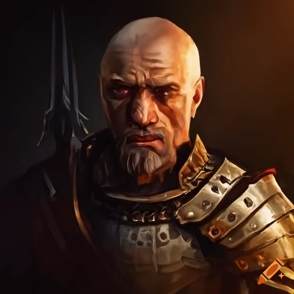 Portrait of a human mercenary in heavy armor in a dungeon on Craiyon