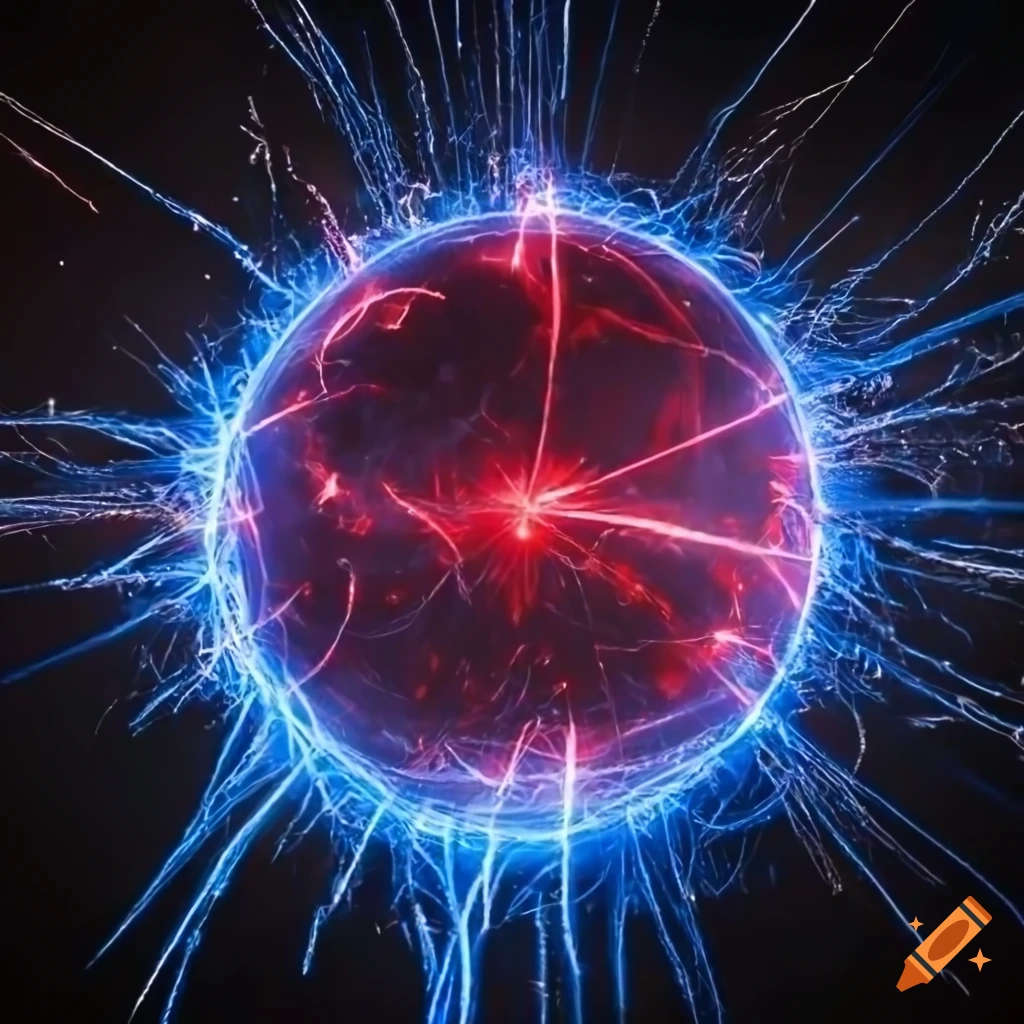 Red orb glowing with blue electricity on a black background on Craiyon