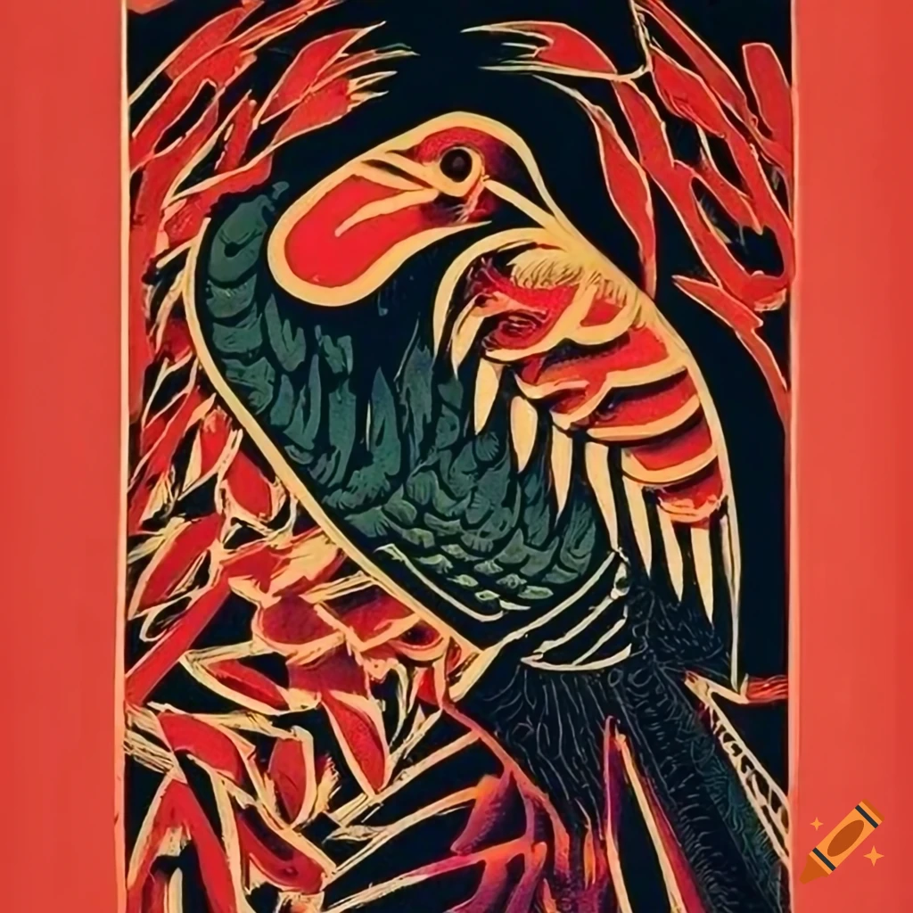 Japanese woodcut linoleum print with native salish designs of seahawks ...