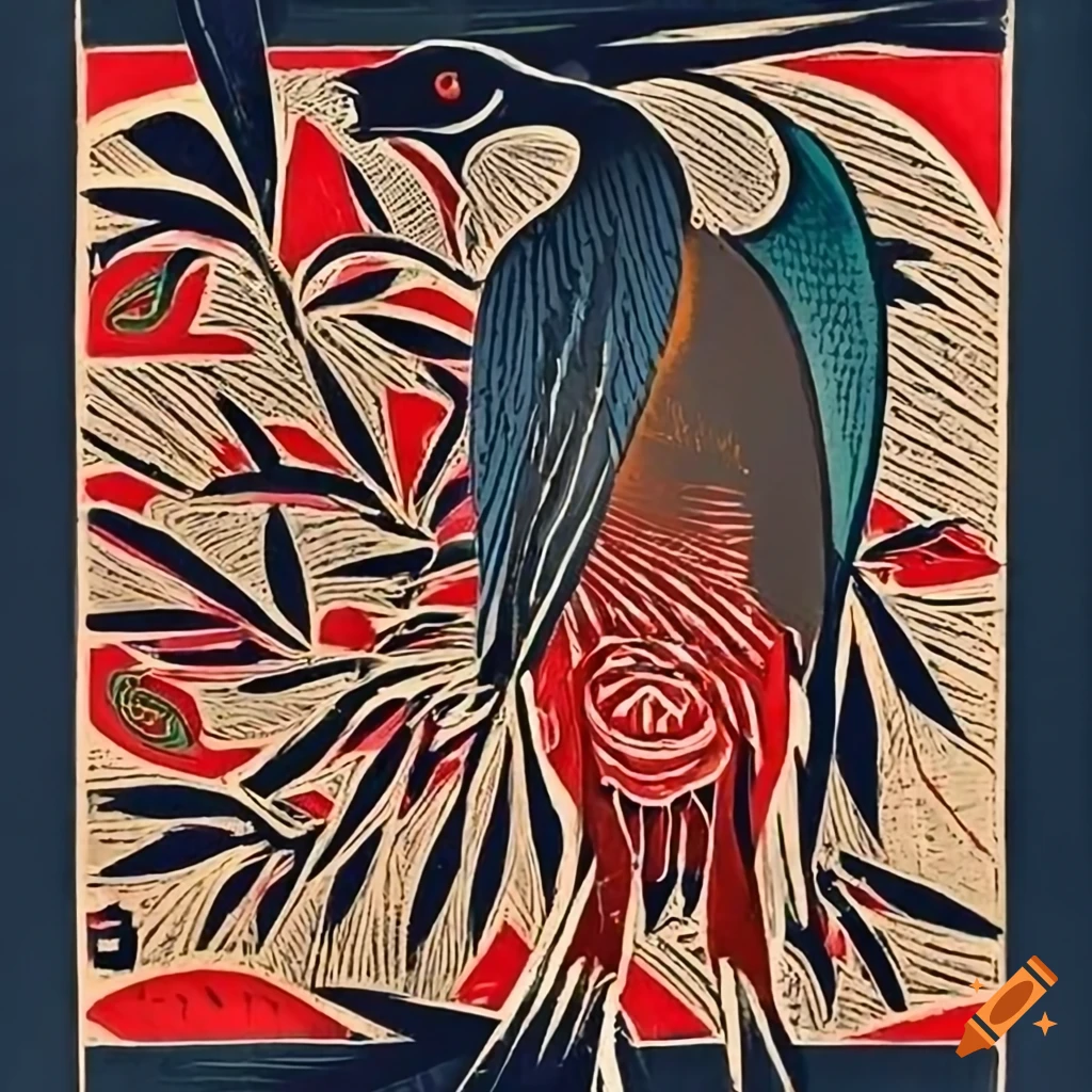 Japanese woodcut linoleum print with native Salish designs featuring ...