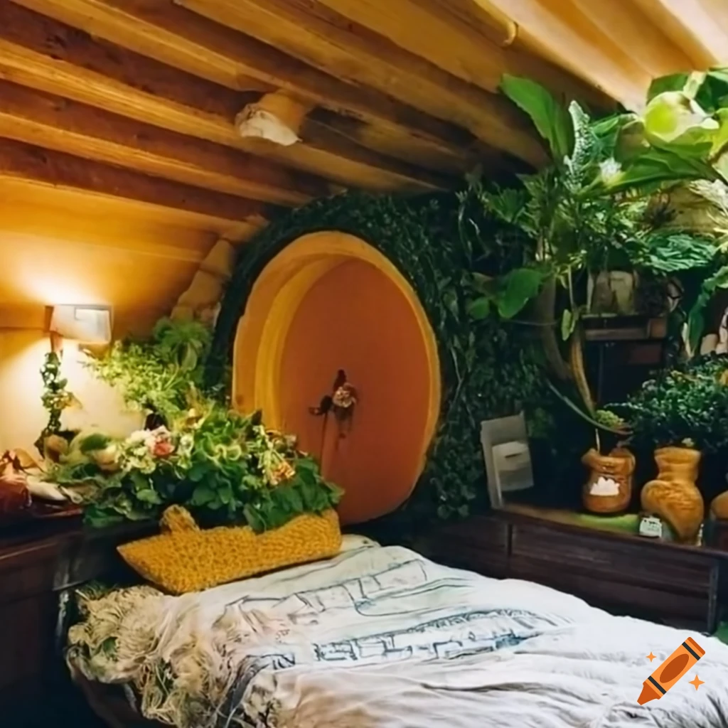 Cozy hobbit bedroom filled with bonsai plants and flowers on Craiyon